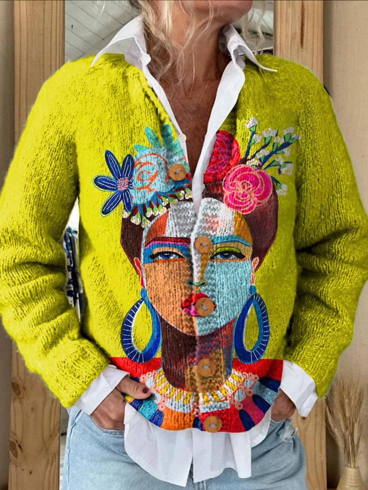 Oil Painting Freda Portrait Art Printed | Buttoned Cardigan Sweater ...